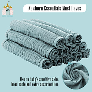 Cute Castle 12 Pack Muslin Burp Cloths for Baby - Ultra-Soft 100% Cotton Baby Washcloths - Large 20'' by 10'' Super Absorbent Milk Spit Up Rags - Burpy Cloths for Unisex, Boy, Girl - Dark Green