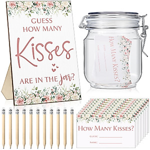 Yousoontic 122 Pieces Guess How Many Kisses Bridal Shower Games Include 1 Bridal Shower Wooden Sign 100 Guessing Cards 20 HB Pencils 1 Game Jar for Guests Wedding Party