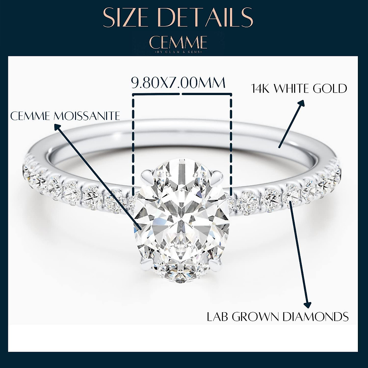 GLAM AND GEMS 1/4 Carat Lab Grown Diamond and 2 1/3 Carat Oval Cut Moissanite Engagement Ring for Women in 14k White Gold (G-H, VS, cttw) Anniversary Promise Ring Size 6