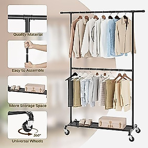 YATINEY Clothes Rack, Double Rod Garment Rack, Clothing Rack with Wheel, Rolling Clothes Rack for Hanging Clothes, Metal Frame, Adjustable Middle Rod, Heavy-Duty Commercial Display, Black GR49BB