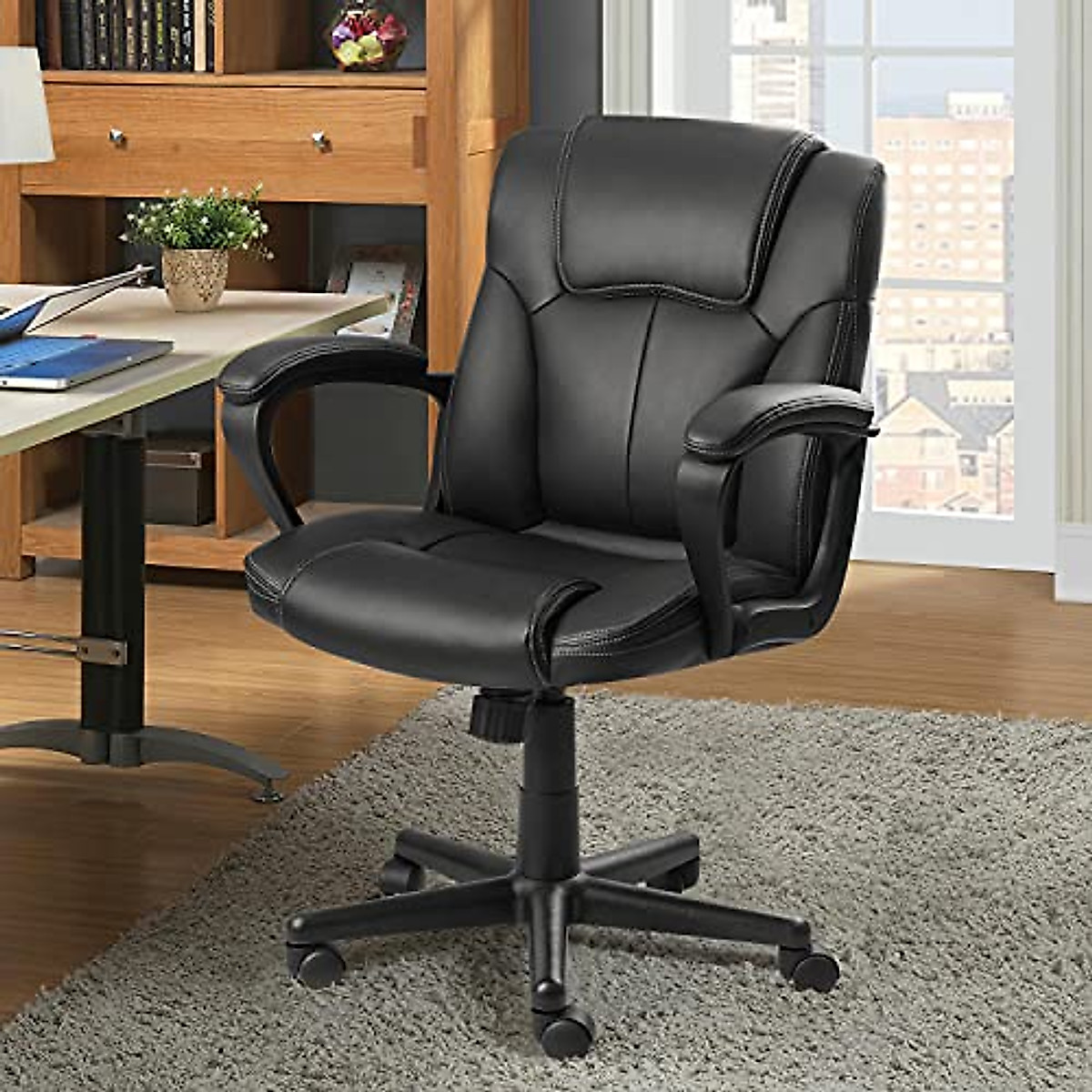 Shahoo Executive Office Chair Mid Back Swivel Computer Task, Ergonomic Leather-Padded Desk Seats with Lumbar Support,Armrests, Black