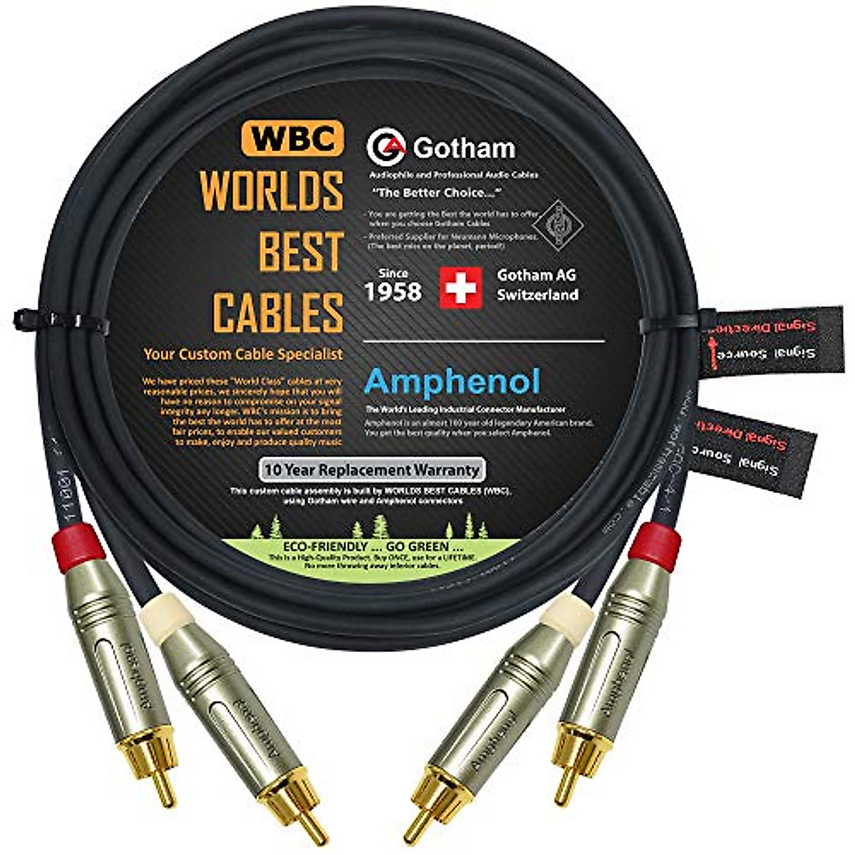 8 Foot RCA Cable Pair - Gotham GAC-4/1 (Black) Star-Quad Audio Interconnect Cable with Amphenol ACPR Die-Cast, Gold Plated RCA Connectors - Directional