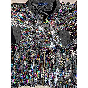 Cresay Women's Sequin Fitted Long Sleeve Zipper Blazer Bomber Jacket Rainbow 3XL