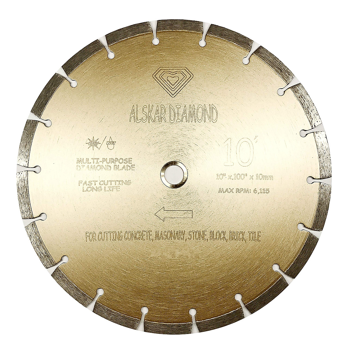 10 inch ALSKAR DIAMOND Dry or Wet Cutting General Purpose Power Saw Segmented Diamond Blades for Concrete Stone Brick Masonry (10")