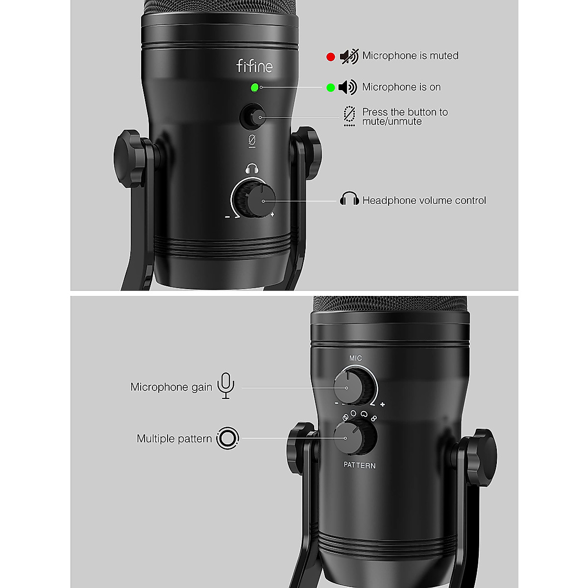 FIFINE USB Studio Recording Microphone 3.5mm/6.35mm Monitor Headphones for Podcast, Computer Mic with Mute Button, Four Pickup Patterns for Vocals ASMR, Black Headphones (K690+H8)