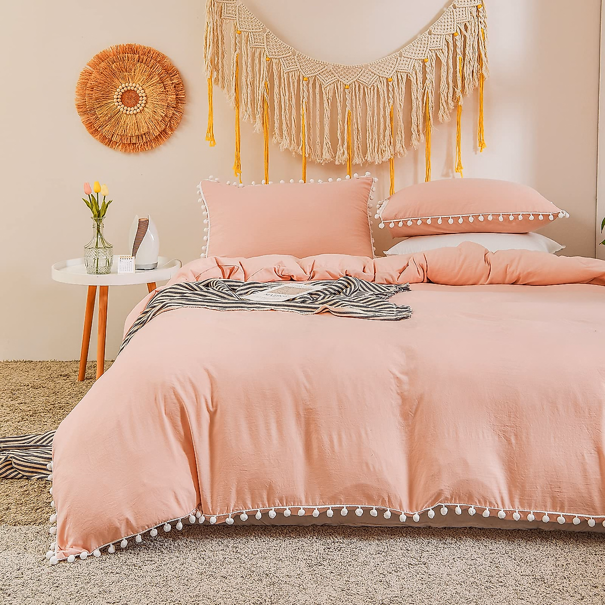 Peach Duvet Cover Full Farmhouse Bedding Set Peach Soft Feel Natural Wrinkled Bedding Set 1 Duvet Cover 2 Pillowcases (No Comforter)