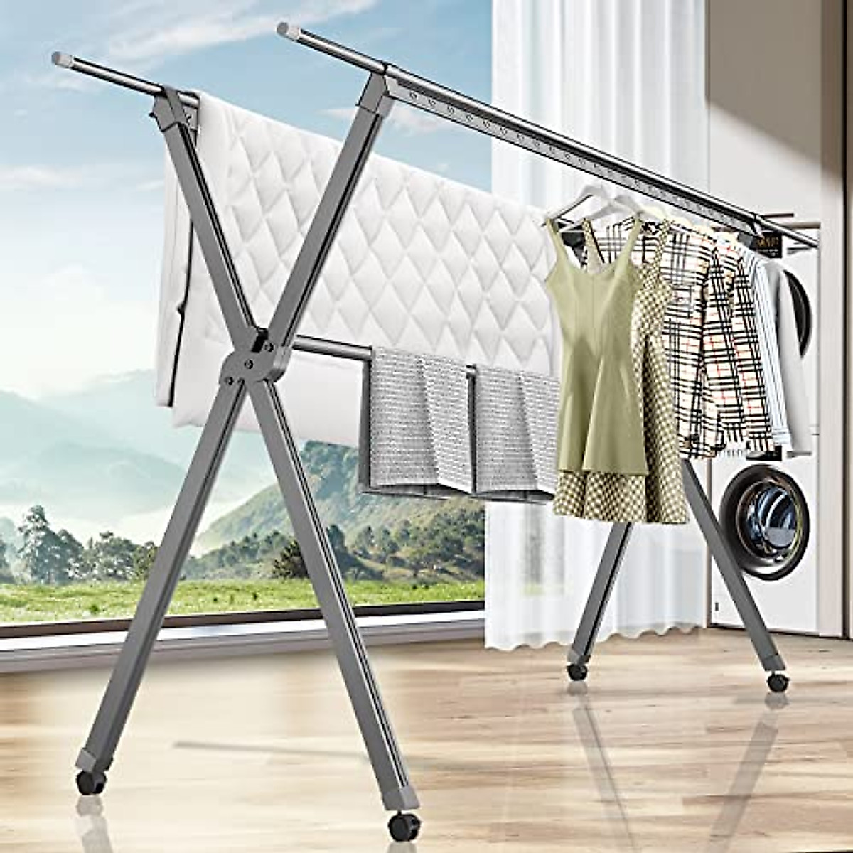 HWAJAN 90 Inches Folding Clothes Drying Rack Indoor Outdoor-Aluminum Collapsible Clothing Drying Racks for Laundry-Heavy Duty Foldable Clothes Dryer Rack with 42 Windproof Hooks,Large,Grey