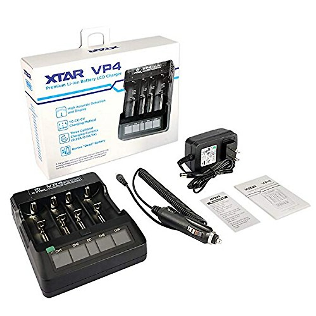 Universal 18650 Battery Charger, XTAR VP4 Smart Charger w/ LCD Display & Car Charger for Rechargeable Batteries Li-ion 18650 26650 26500 22650 18490 17670 17500 17355 and More (Full Set)