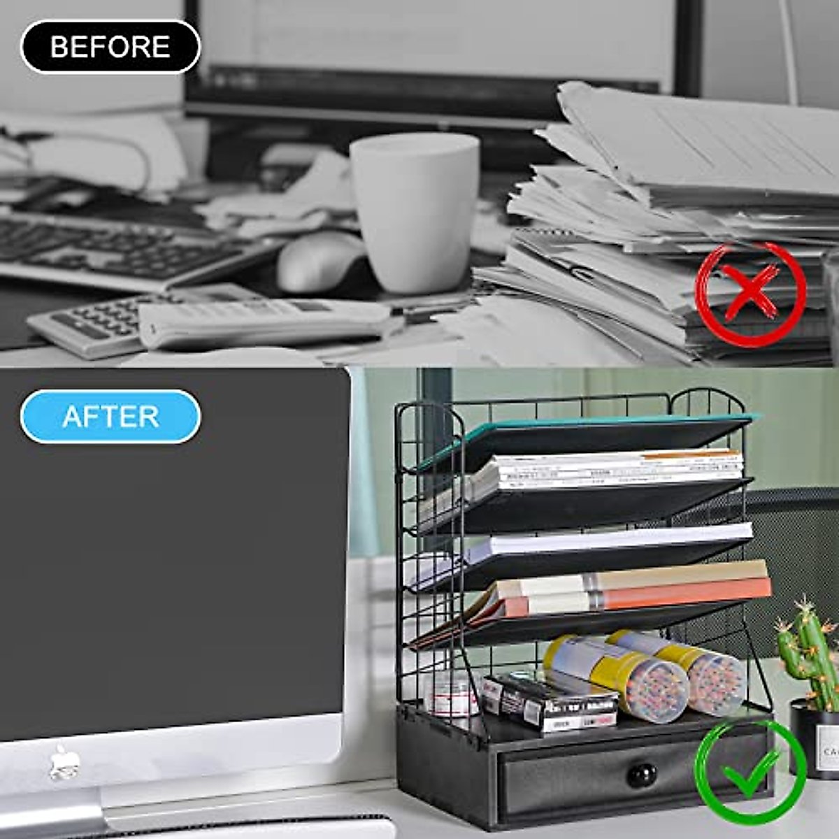 5-Trays File Organizer with Drawer,Mesh Desk Organizers,Letter Tray Paper Organizer,Height Adjustable File Holder for Office School Home（Black）