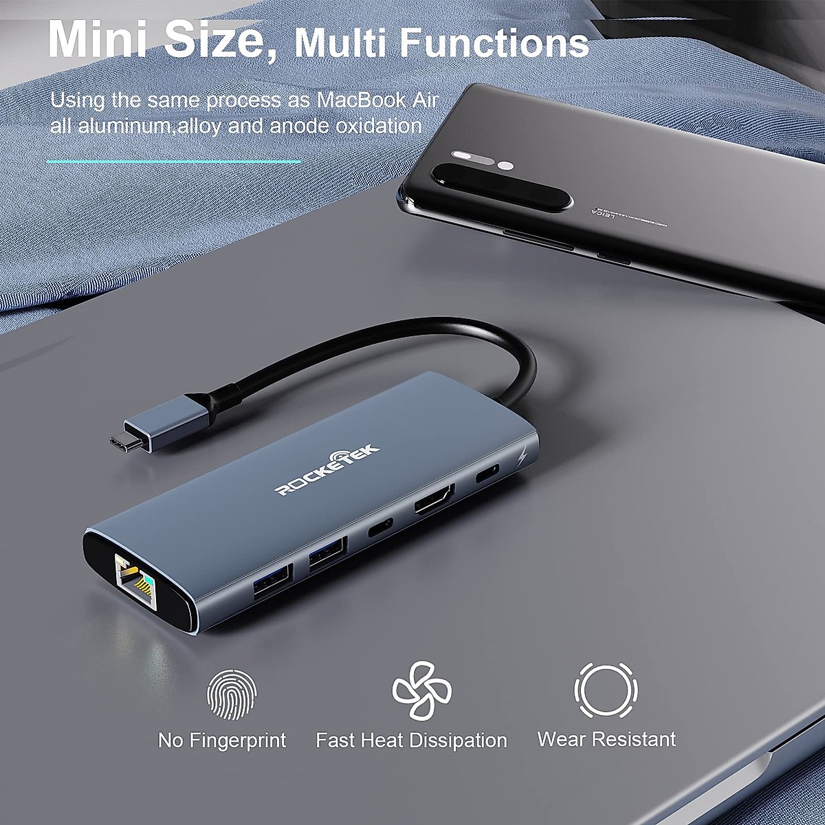 4K@60Hz USB C Hub with Ethernet, 6-in-1 Multiport Adapter with 4K@60Hz HDMI, 10Gbps USB3.0, 100W PD Charging and Gigabit Ethernet, MacBook Docking Station Compatible with Mac M1, M2, iPad, Steam Deck