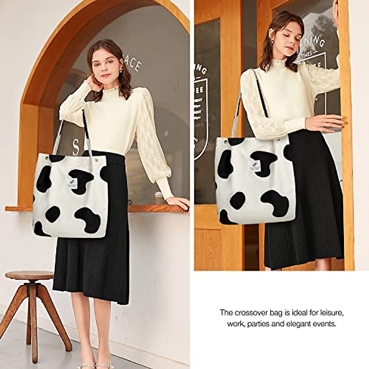 Ndeno Women Tote Bags Grocery Shoulder Bag Corduroy with Inner Pocket for Work Beach Lunch Travel Shopping Shopper Handbags (Cow)