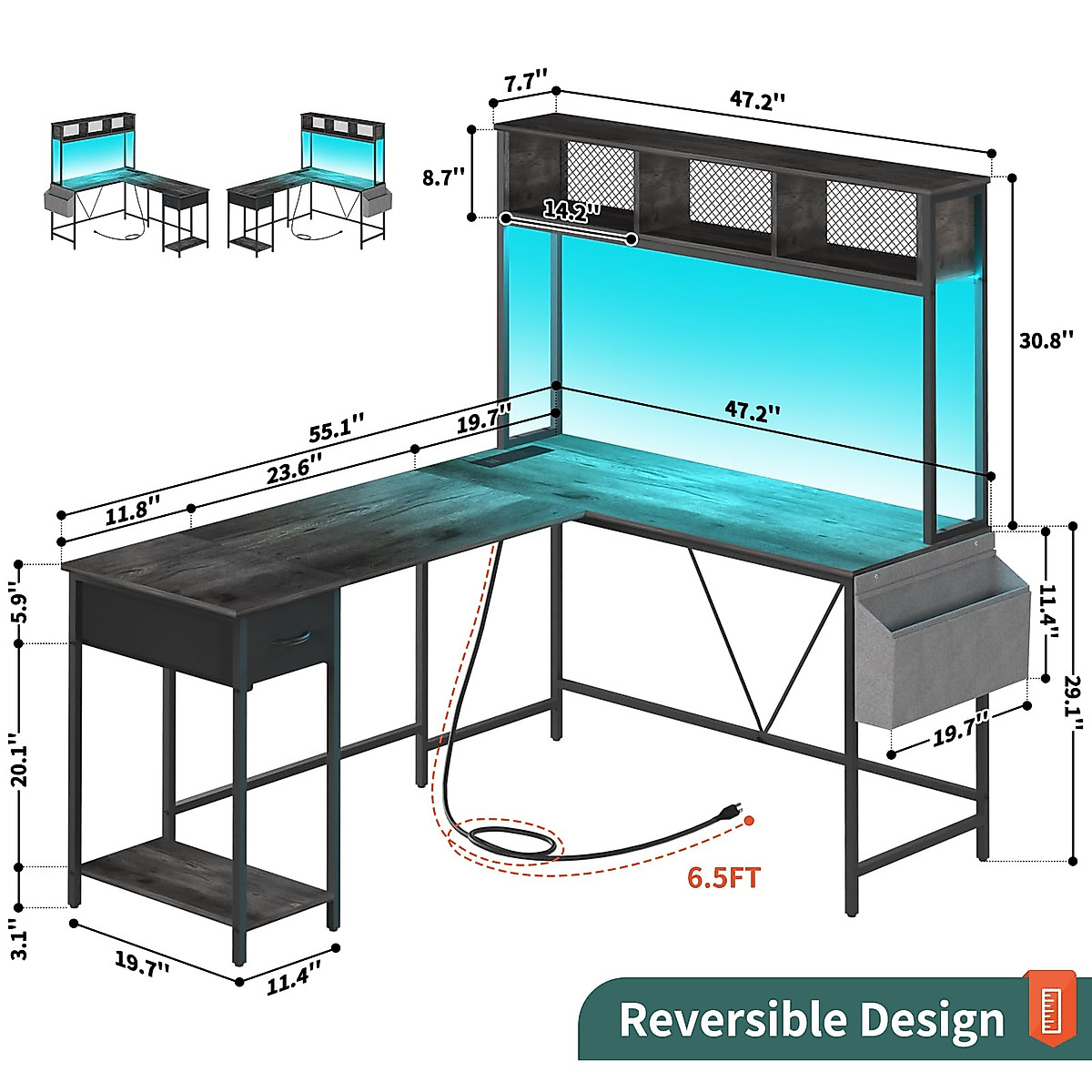 Yoobure L Shaped Desk Gaming Desk with LED Strip & Power Outlet, Reversible L-Shaped Computer Desk with Storage Shelf & Drawer, Corner Desk with Storage Bag, 2 Person Home Office Desk, Gray