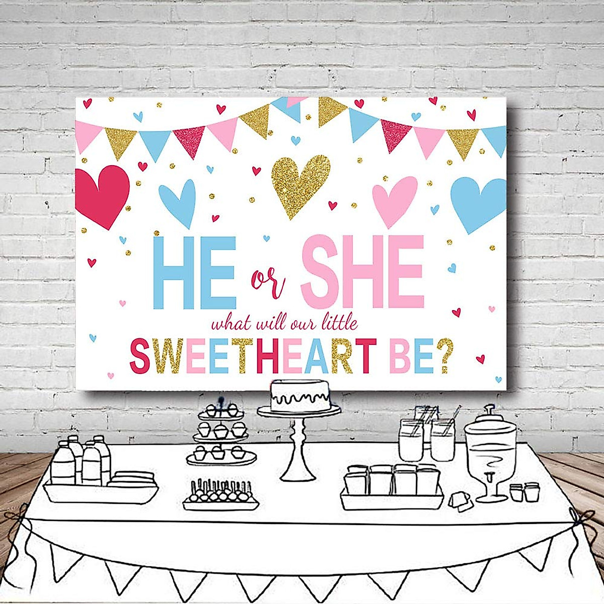 MEHOFOND Sweetheart Gender Reveal Baby Shower Photo Background He or She Valentine's Day Blue or Pink Gold Love Hearts Party Decoration Backdrops Banner for Photography 7x5ft