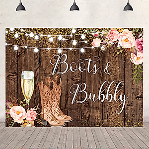 Boots and Bubbly Bridal Shower Backdrop,Rustic Brown Wood Glitter Rose Pink Flower Golden Champagne Themed Party Decorations for Wedding Decor Photo Booth Banner 5x3ft