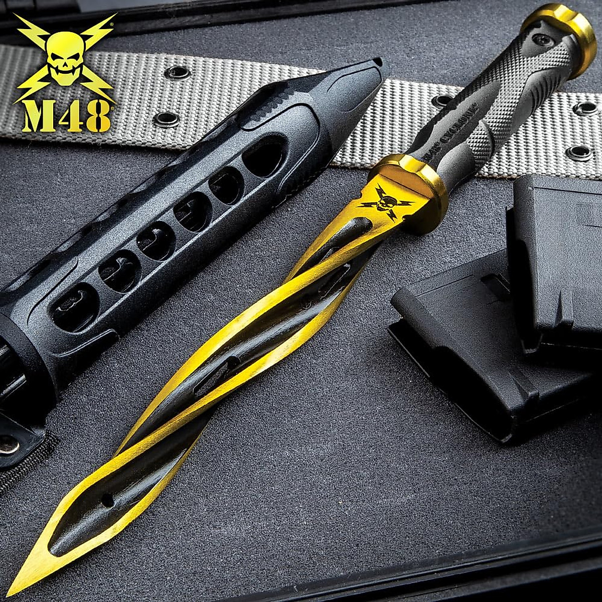 M48 Solar Flare Gold Spiral Knife | Patented Design | Cast Stainless Steel Blade | For Hunting and Survival | Unique Twist on Tactical Knives | Length 13.5"