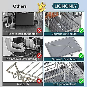 LIONONLY Dish Drying Rack 2 Tier, Dish Rack with Drainboard, Durable Stainless Steel Dish Racks for Kitchen Counter,Detachable Kitchen Dish Rack Dish Strainer Rack for Dishes, Knives, Spoons, Forks