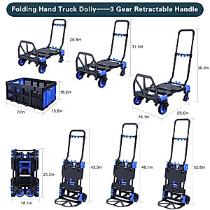 2-in-1Folding Hand Truck with Folding Basket, 330LBS Capacity handtruck,Dolly cart with Retractable Handle,Hand Truck Foldable Dolly with 4 Wheels,Portable Hand cart