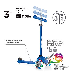 Globber Primo Lights V2 423-100-2 Navy Blue Kick Scooter, Adjustable 3-Height T-Bar, Robust Composite Deck, Comfortable Ergonomic Grips, Durable Brake, LED Light Up Wheels