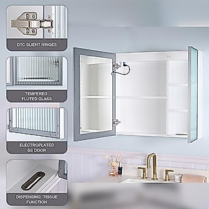 WELLFOR 30 X 28 Inch LED Lighted Bathroom Medicine Cabinet with Mirror, Bathroom Vanity Mirror Cabinet with Dimmable Lights and Defogger, 3 Solid Wood Shelves, Ample Storage Space, Quiet Closing Door