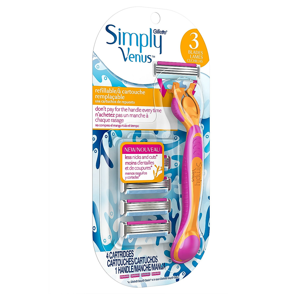 Gillette Simply Venus Refillable 3 Blade Razor with 4 Cartridges Refills - Pivoting Head & Moisture Strip, Womens Razors / Blades