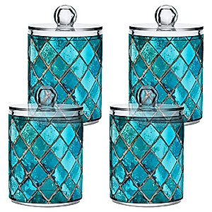 JUMBEAR 4 Pack Turquoise Grey Qtip Holder Dispenser with Lid, 14 oz Clear Plastic Apothecary Jar Set for Bathroom Vanity Organizers Storage Containers