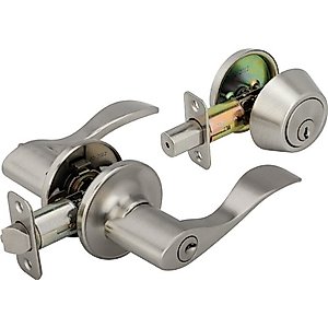Legend 809127 Wave Style Lever Front Door Knob Entry Leverset Lockset and Single Cylinder Deadbolt Combination Set, US15 Satin Nickel Finish