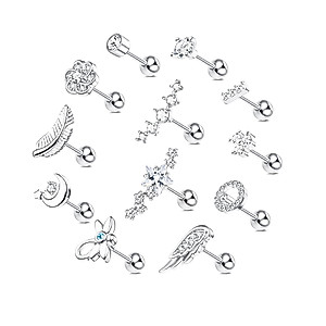 FASACCO 12PCS 18G Stainless Steel Barbell Helix Cartilage Stud Earrings CZ Leaf Dragonfly Flower Wing Moon Star Forward Helix Tragus Daith Conch Piercing Jewelry for Women Men Silver Tone