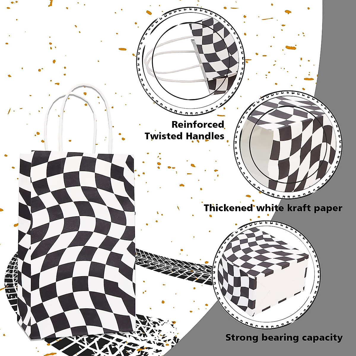 30 pieces Plaid Race Car Favors Paper Bags with Handle, Checkered Racing Gift Bags Bulks, Size 9'(H)x5.5'(L)x3.3'(D) Black and White Checkered Race Car Themed Kraft Paper Bags for Kids Birthday Party