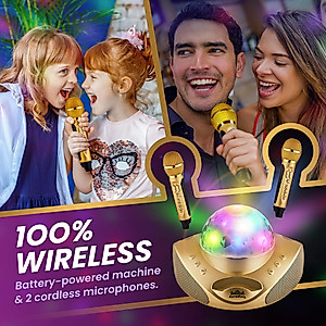KaraoKing New 2020 Karaoke Machine – for Adults and Kids –2 Wireless Karaoke Microphone, SD Card, USB, Bluetooth Compatible, Lights Function– Home, Bachelor Party, Picnic, Outdoor/Indoor [G308 Gold]