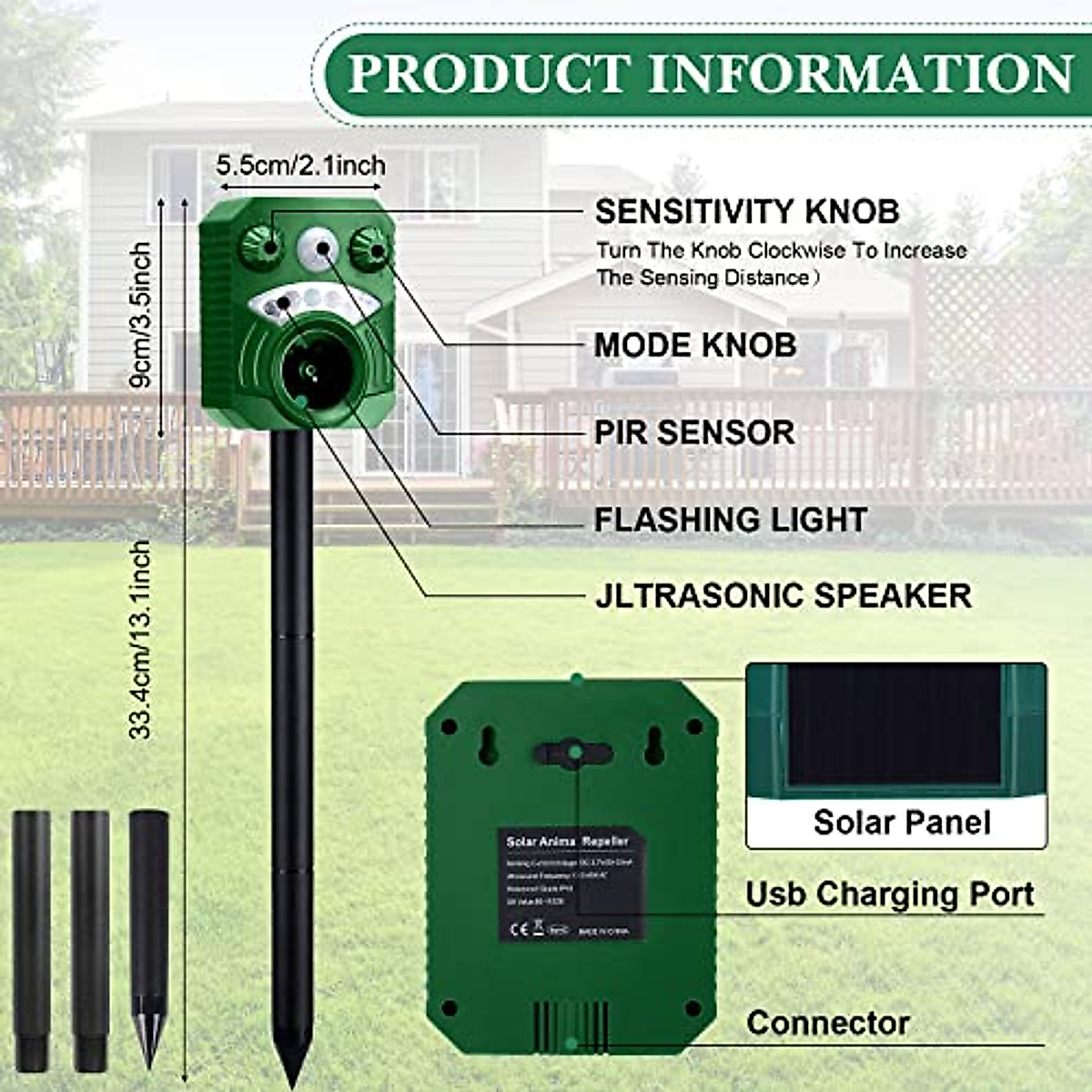 Kittmip 8 Packs Solar Animal Repeller Waterproof Ultrasonic Pest Repellent with Motion Sensor Flashing Light Outdoor Deterrent Devices Garden Yard Farm for Cat Dog Bird Squirrel, Red