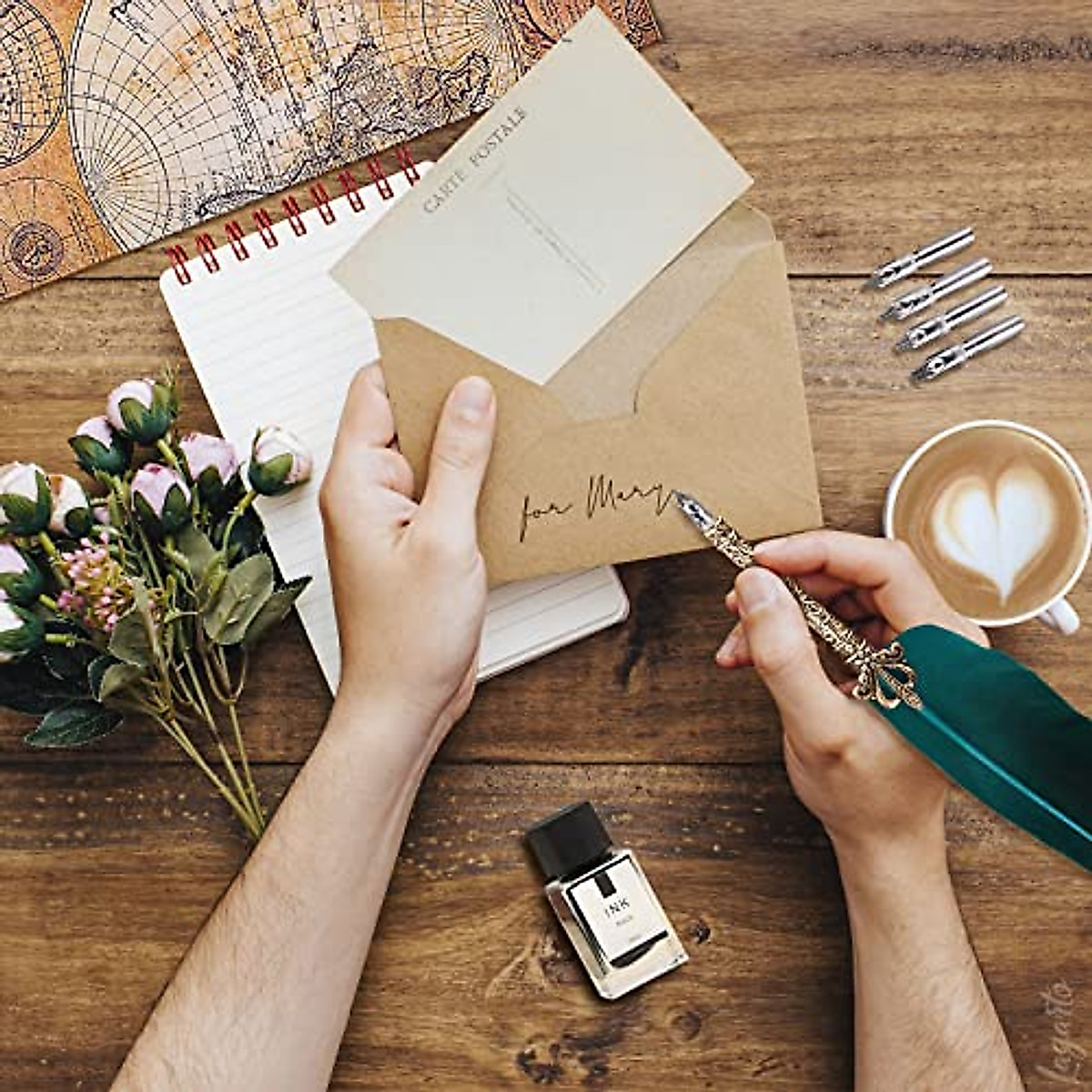 Feather Quill Pen and Ink Set - Calligraphy Pen Dip Set with Inkwell And Stand - Quill Pen Set with 5 Stainless Steel Nibs for Writing Paper, Letter Drawing Pen - Feather Pen Birthday Gift for Adults