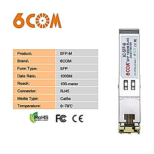 6COM 1.25G SFP to RJ45 Copper 1000Base-T GBIC Transceiver, Gigabit SFP-T Module, for Netgear AGM734, Ubiquiti, D-Link, ZTE, Other Open Switches (CAT5e/CAT6, up to 100m)
