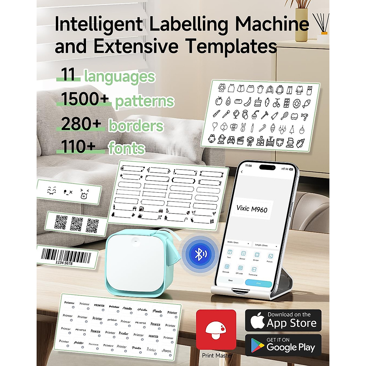 Vixic Bluetooth Label Maker Machine with Tape, 2024 Upgrade Version M960 Mini Small Label Printer, Wireless Labeler Makers with Multiple Templates sticker for Organizing Office Home, Green