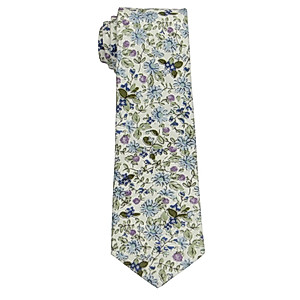 Mens Charm 100% Cotton Floral Print Ties - Slim Neckties - Wedding - Groomsmen (Sage Green and Blue)