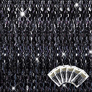 Jutom 6 Pieces 3.3 x 6.6 ft Wavy Tinsel Foil Fringe Curtains Foil Fringe Streamer Backdrop Party Curtain for Sea Mermaid Baby Shower Birthday Party Decoration(Black)