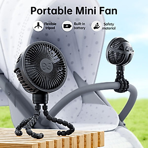 GUSGU GF35 Stroller Fan Battery Operated, Small Portable Fan Clip on for Baby, USB Rechargeable Handheld Personal Fan Flexible Tripod for Travel, Car Seat, Camping, Bedroom