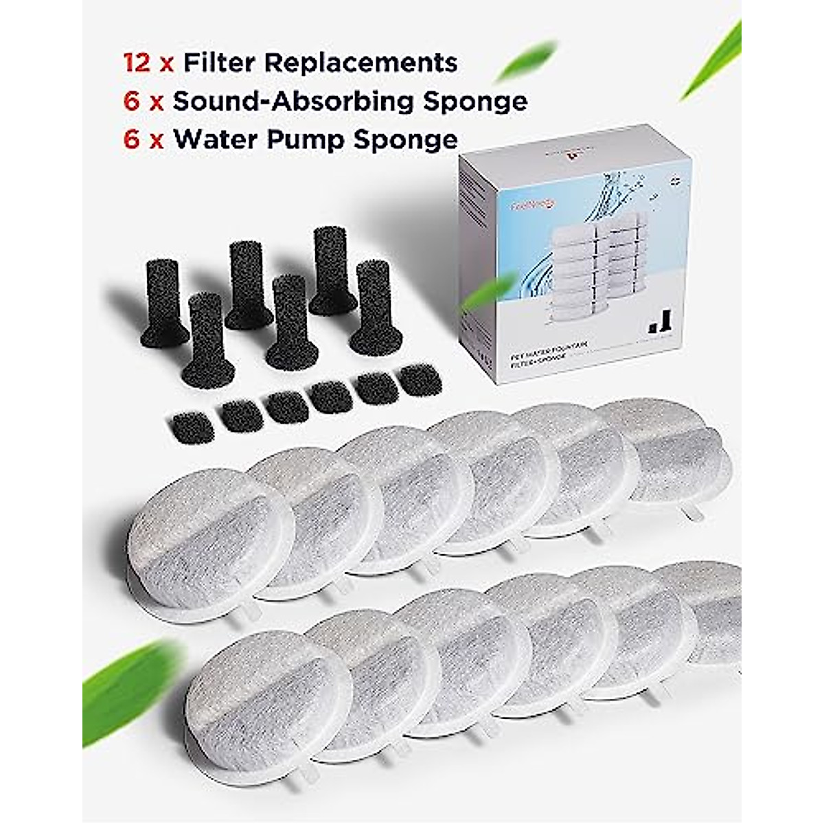 FEELNEEDY 12 Pack Cat Water Fountain Filter & 6 Pack Pump Sponges & 6 Pack Sound-Absorbing Sponges, Pet Water Fountain Filter for 84 fl oz/2.5L Cat Water Fountain (F-016B)