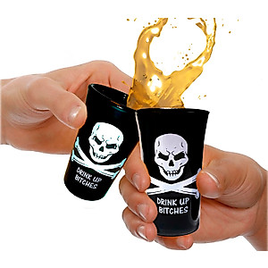 Jolly Roger Funny Pirate Shot Glasses Black with Skull and Crossbones (Drink Up Bs 2 Pack)