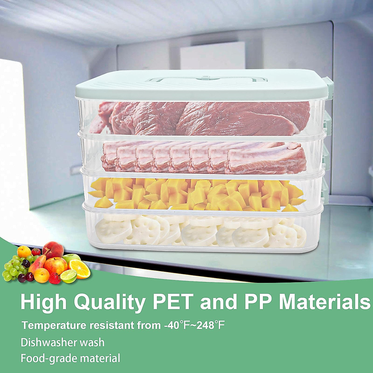 Food Storage Containers, Deli Meat Container for Fridge with Tong Cookie Containers with Lids Airtight Dumplings Freezer Containers for Deli Meat, Seafood, Dumplings, Cheese and Cookies (4 layer)