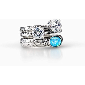 Joolala 1 Carat Round White Cubic Zirconia and Oval Blue Fire Opal Stylish Ring in 925 Sterling Silver - for Women, Size 5
