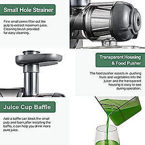 Cold Press Juicer, Aobosi Slow Masticating Juicer Machines with Reverse Function, Quiet Motor, High Juice Yield with Juice Jug & Brush for Cleaning, Gray