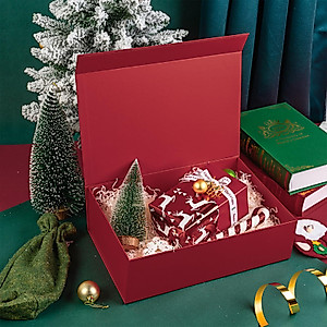 WRAPAHOLIC 1 Pcs Christmas Gift Box with Lid - 13.3 x 9 x 4 Inches Red and White Christmas Eve Box Lettering Design Gift Box, Collapsible Gift Box with Magnetic Closure and 2 Pcs Tissue Paper