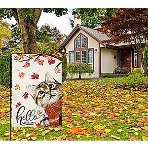 Fall Cat Garden Flag 12x18 Vertical Double Sided Hello Autumn Maple Leaves Thanksgiving Outside Decorations Burlap Yard Flag BW197