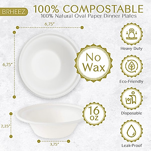 brheez 16 Ounce Disposable Bowls Paper Bowls Alternative Compostable Bowls Heavy Duty [Pack of 60] Eco-Friendly 100% Natural Sugarcane Bagasse Fiber Biodegradable