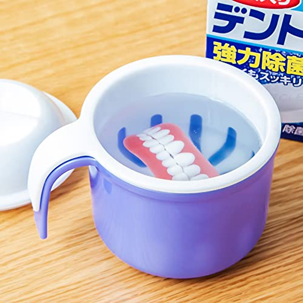 Large Denture Baths Cup, False Teeth Bath Cup with Strainer and Lid for Soaking Dentures or Storing Pacifier, Capacity 10.6 Oz