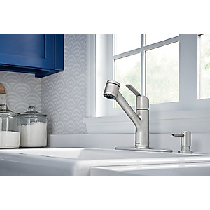 Moen Sombra Spot Resist Stainless Single-Handle Pull-Out Sprayer Kitchen Faucet with Soap Dispenser and Power Clean, 87701SRS