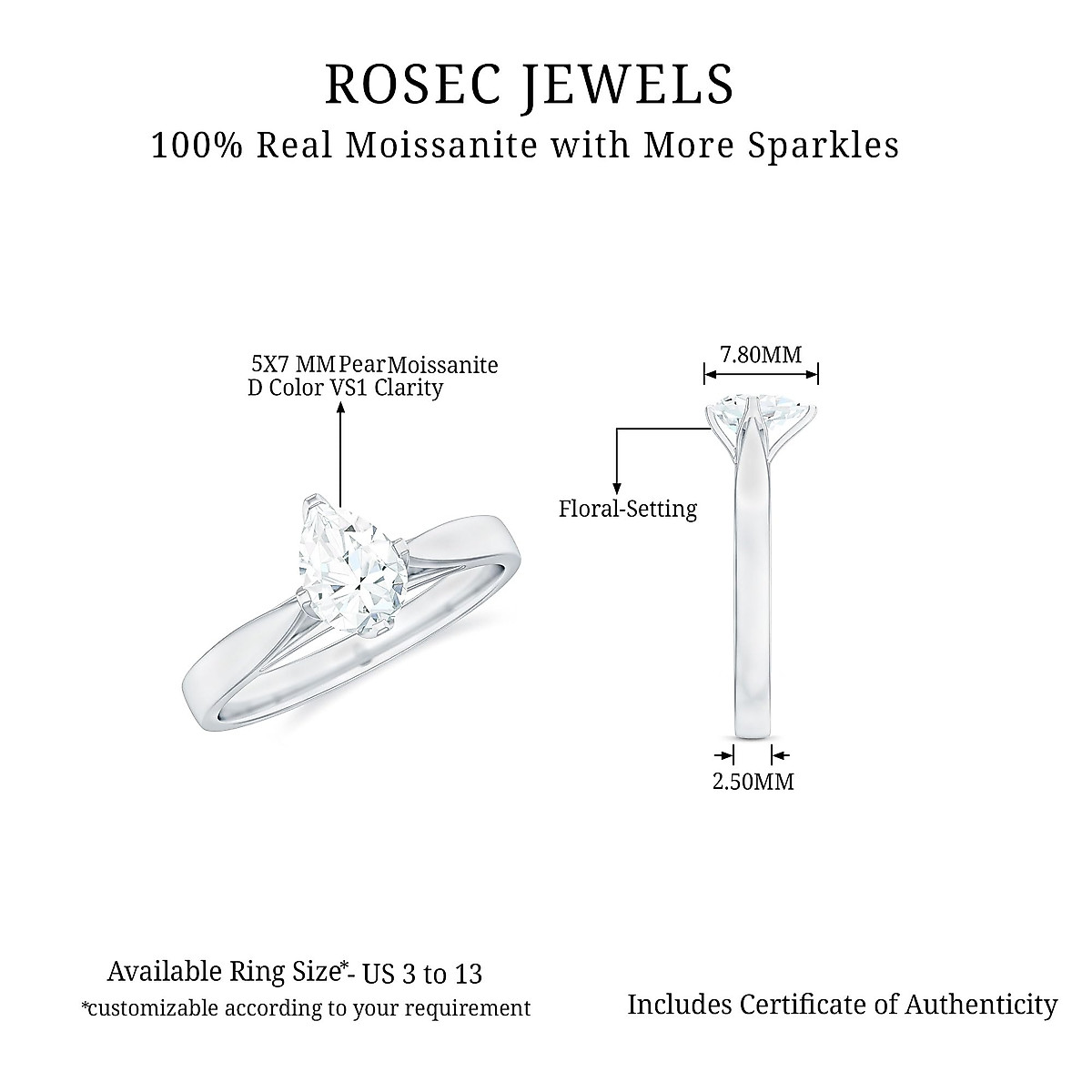 Rosec Jewels Certified Diamond Moissanite Solitaire Engagement Ring, D-Vs1 Quality, 5X7mm Pear Shaped Moissanite Ring, 14K White Gold, Size:US 7.50