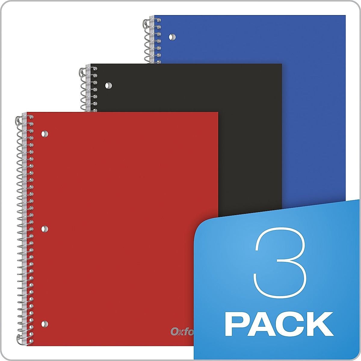 Oxford Spiral Notebooks, 1-Subject, Wide Ruled Paper, Durable Plastic Cover, 100 Sheets, Divider Pocket, 3 per Pack (10389)