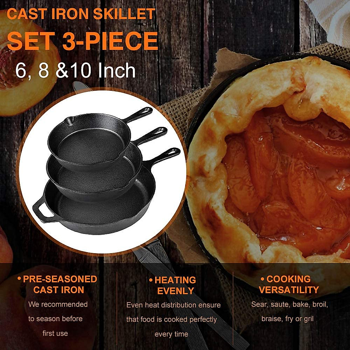 Pre-Seasoned Cast Iron Skillet Set of 3 | 6", 8" & 10" Cast Iron Frying Pans with 3 Heat-Resistant Holders & Oil Brush - Indoor and Outdoor Use - Oven Grill Stovetop Induction Safe Cookware