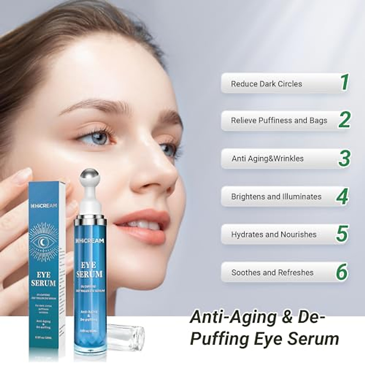 5% Caffeine Peptide Eye Serum, Under Eye Roller Cream for Dark Circles, Puffiness, Bags Under Eyes - 360° Massage Ball Cream Anti-aging for Wrinkles Fine Lines and Firming (Light blue)